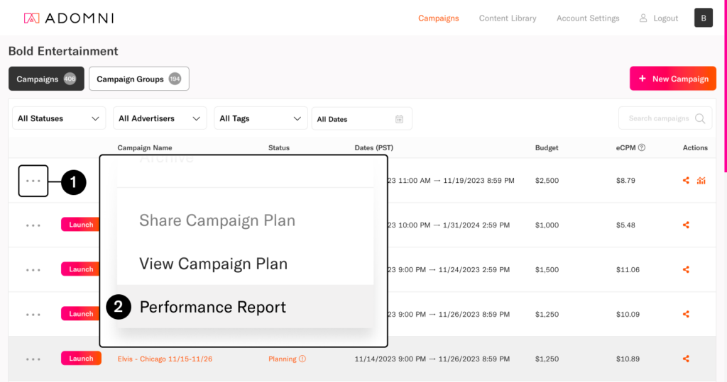 Campaign performance reports - Adomni